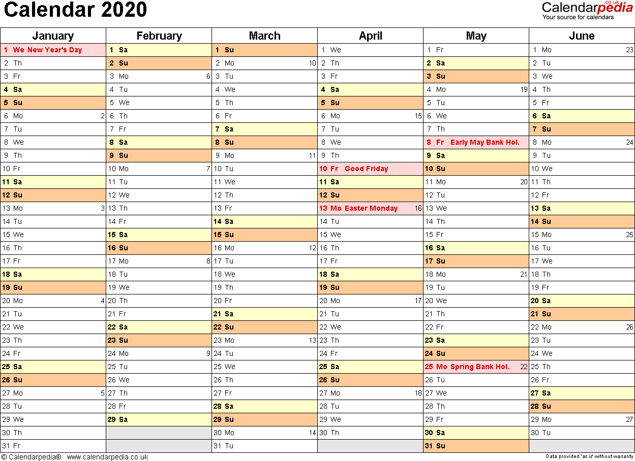 Year Calendar In Excel 2020 Calendar Printables Free Templates